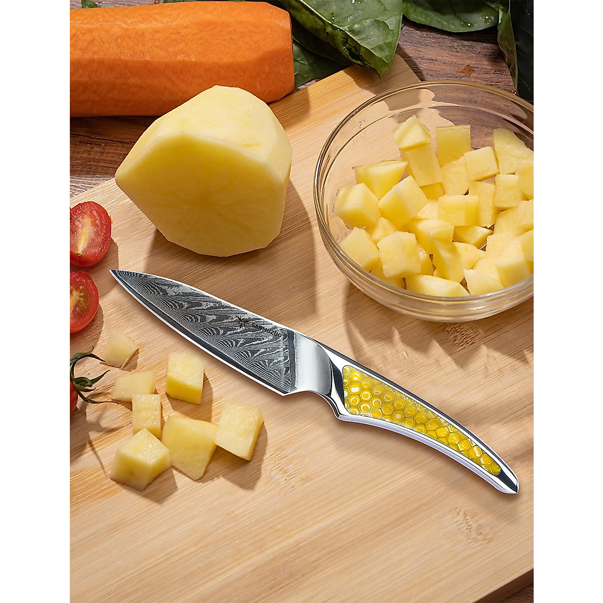 SANMUZUO 3.5 inch Paring Knife, Japanese VG-10 Damascus Steel Kitchen Knife, Ultra Sharp Fruit Knife with Full-tang Handle in Yellow Resin, LA-S9 Series
