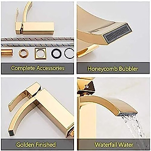 Kitchen Bathroom Faucet,Waterfall Basin Sink Faucet Hot Cold Mixer Tap,Single Handle Deck Mount Bath Wash Faucets Gold Sink Tap (Color:Gold) (Color : Gold),Gold