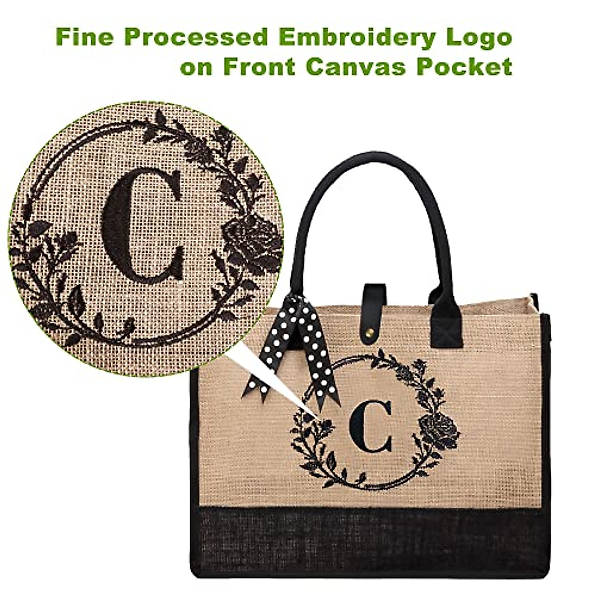 BeeGreen Personalized Tote Bag for Women w Magnetic Buckle Birthday Gifts w Bottom Support Initail Jute Tote Bag w Inner Zipper Pocket Embroidery Monogram Tote Bag for Women Mom Mother C