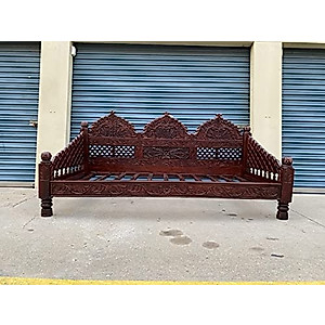 Worldcraft Industries Carved Jhula Day Bed. Twin Size. Handcrafted from Solid Indian Neem Wood (Medium Antique Finish, Day Bed Sofa: 44Dx83Wx40H)