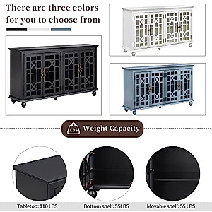 P PURLOVE 60" Long Wood Storage Cabinet with Adjustable Height Shelves,Sideboard Table Cabinet with Metal Handles and 4 Doors for Living Room, Bedroom, and Hallway,Black