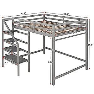 Full Loft Bed with Stairs, Wooden Loft Bed Frame with Storage and Hanger for Clothes (Full Size, Gray)