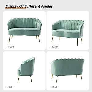 HULALA HOME Modern Velvet Loveseat Sofa with Flower Shaped Back, Comfy Upholstered 2-Seater Sofa with Gold Metal Legs, Small Love Seat Accent Couch for Living Bedroom Leisure Areas, Sage