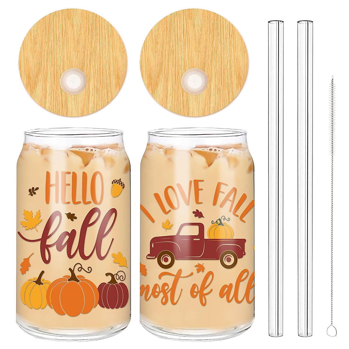 Whaline Hello Fall Drinking Glasses 16oz Fall Harvest Glass Cup Pumpkin Car Iced Coffee Cup with Bamboo Lid Glass Straw Cleaning Brush Gift for Autumn Thanksgiving Cocktail Whiskey Beer Soda, 2Pcs