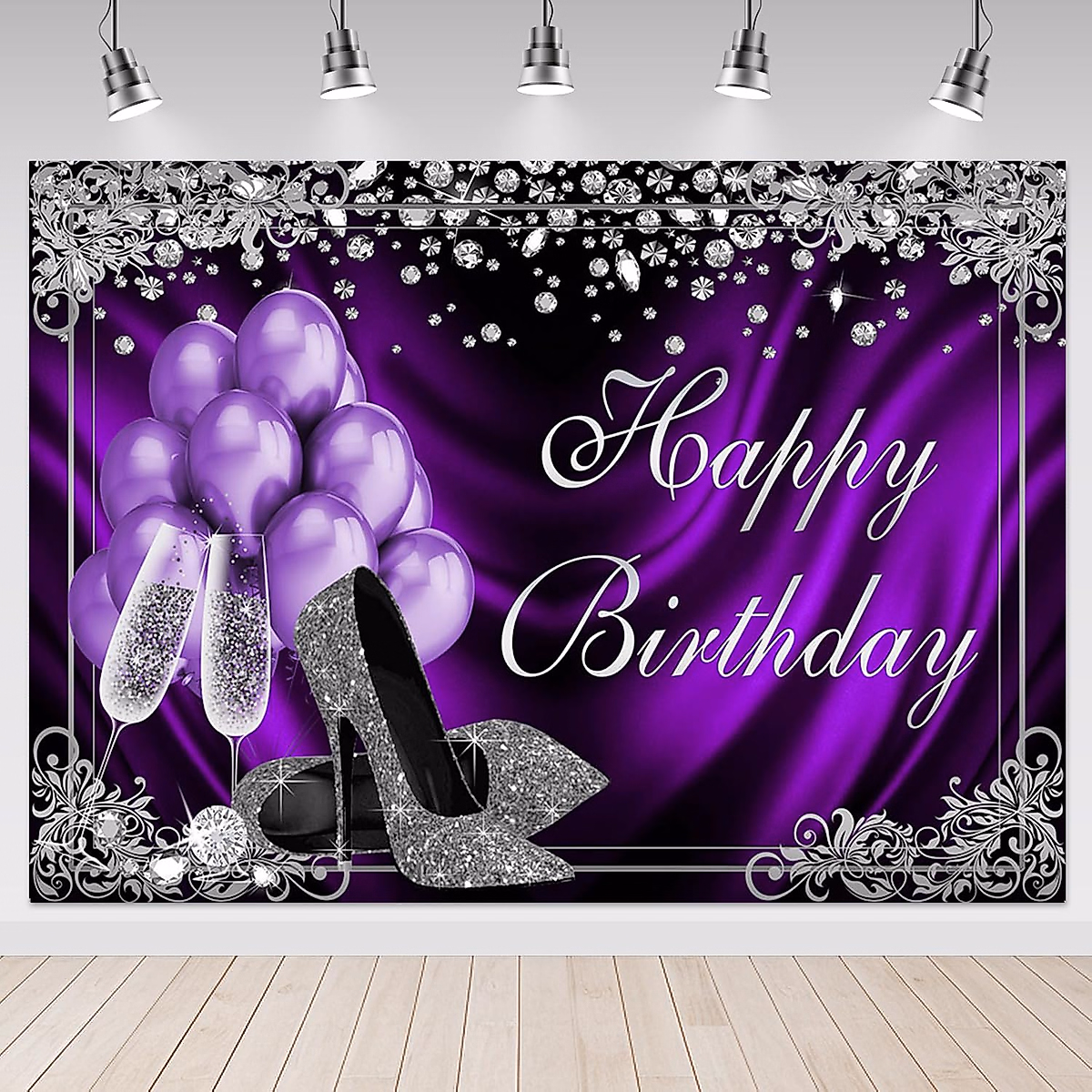 Mocsicka Purple Silver Birthday Backdrop for Women 7x5ft Purple Silver High Heels Balloons Birthday Photography Backdrops Sweet 16 Girl Birthday Party Decorations Photo Background