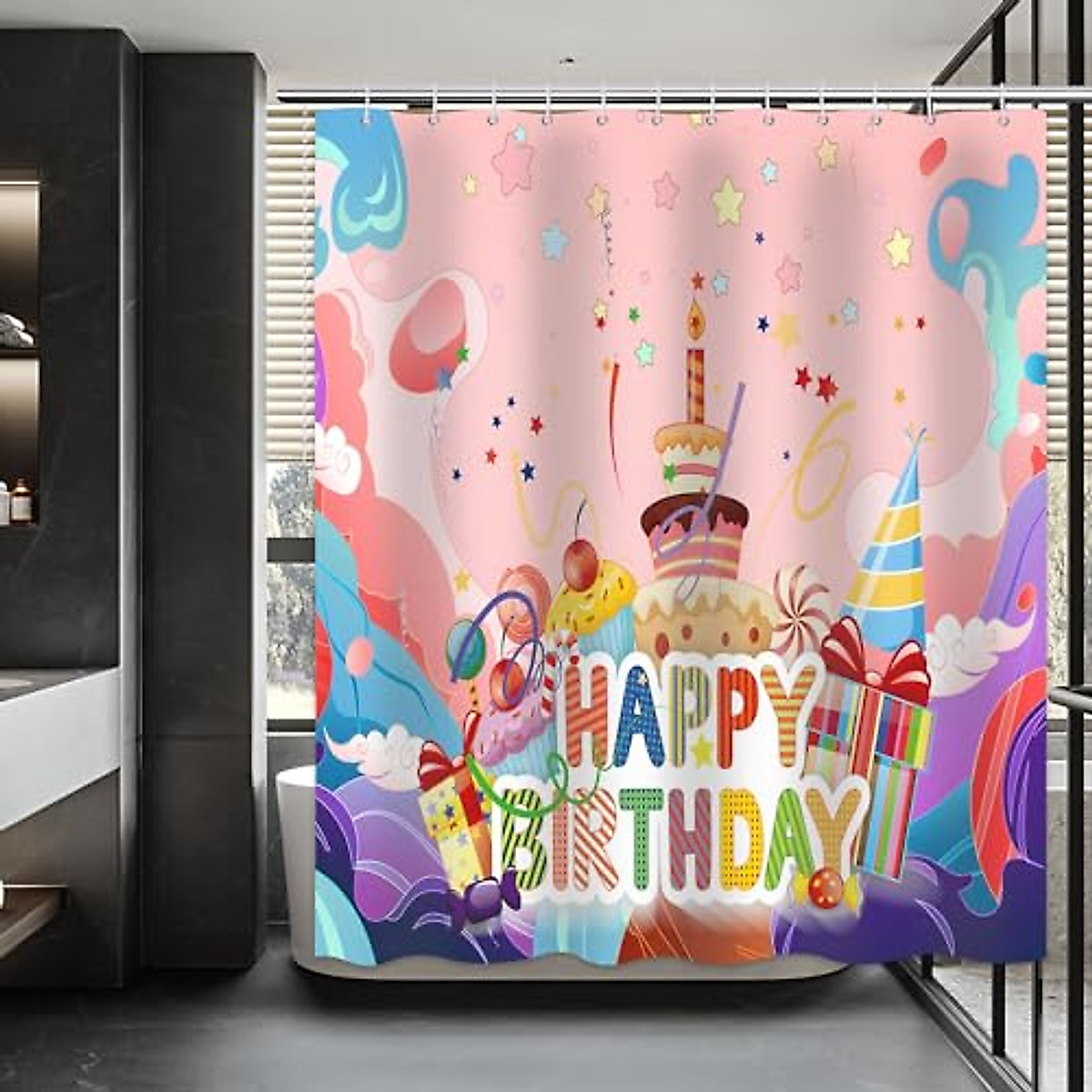 DLTAY Happy Birthday Shower Curtain, Birthday Cake Pattern Celebration Fete Day Birthday Party Decorations Gift Cute Pink Bathroom Decor Set with 12 Hooks, 72x72 inches