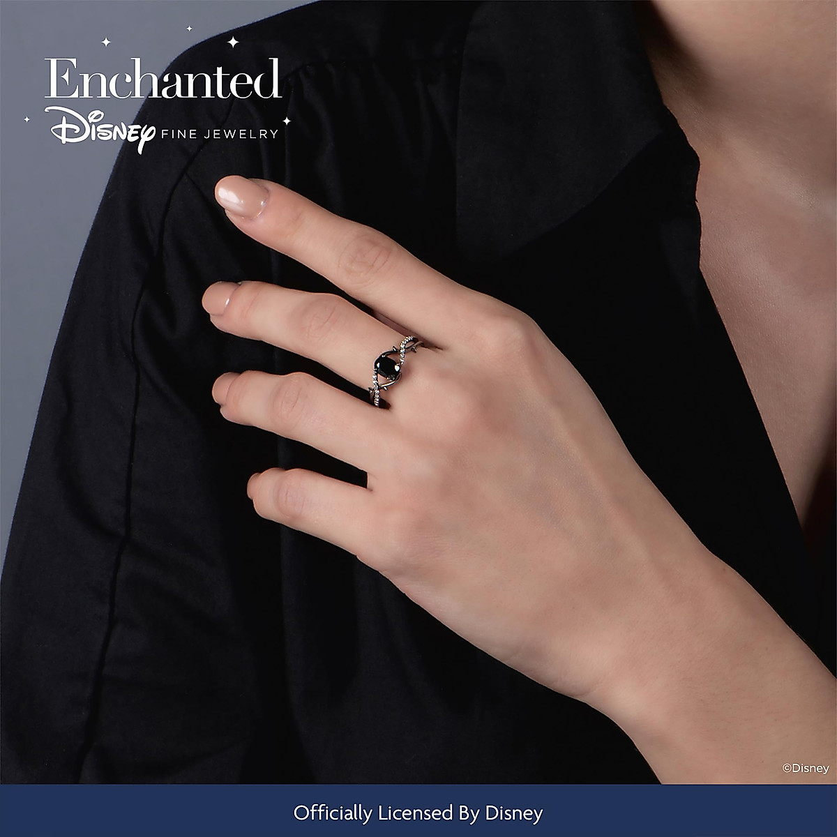 Jewelili Enchanted Disney Fine Jewelry Black Rhodium over Sterling Silver with 1/10 CTTW Black Diamond and Onyx Maleficent Ring Size 8