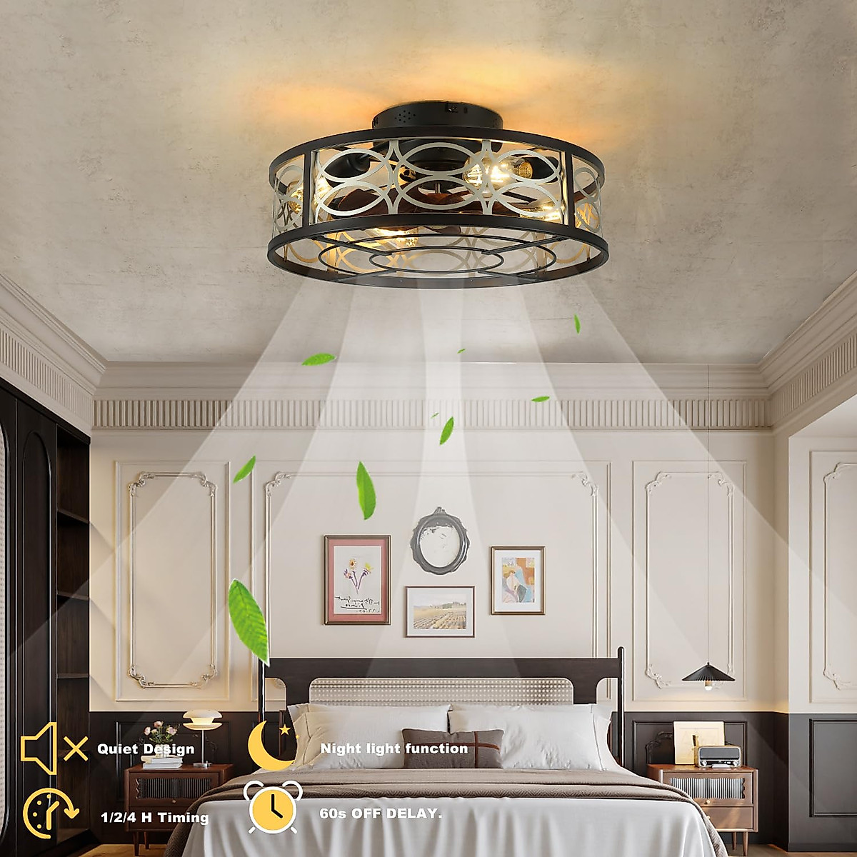 HUEOCZW 20" Caged Ceiling Fan with Light and Remote，bladeless Ceiling Fan 6 Speed Reversible with 4 Bulbs and Remote Control.Low Profile Ceiling Fan with Lights for Bedroom, Dining Room