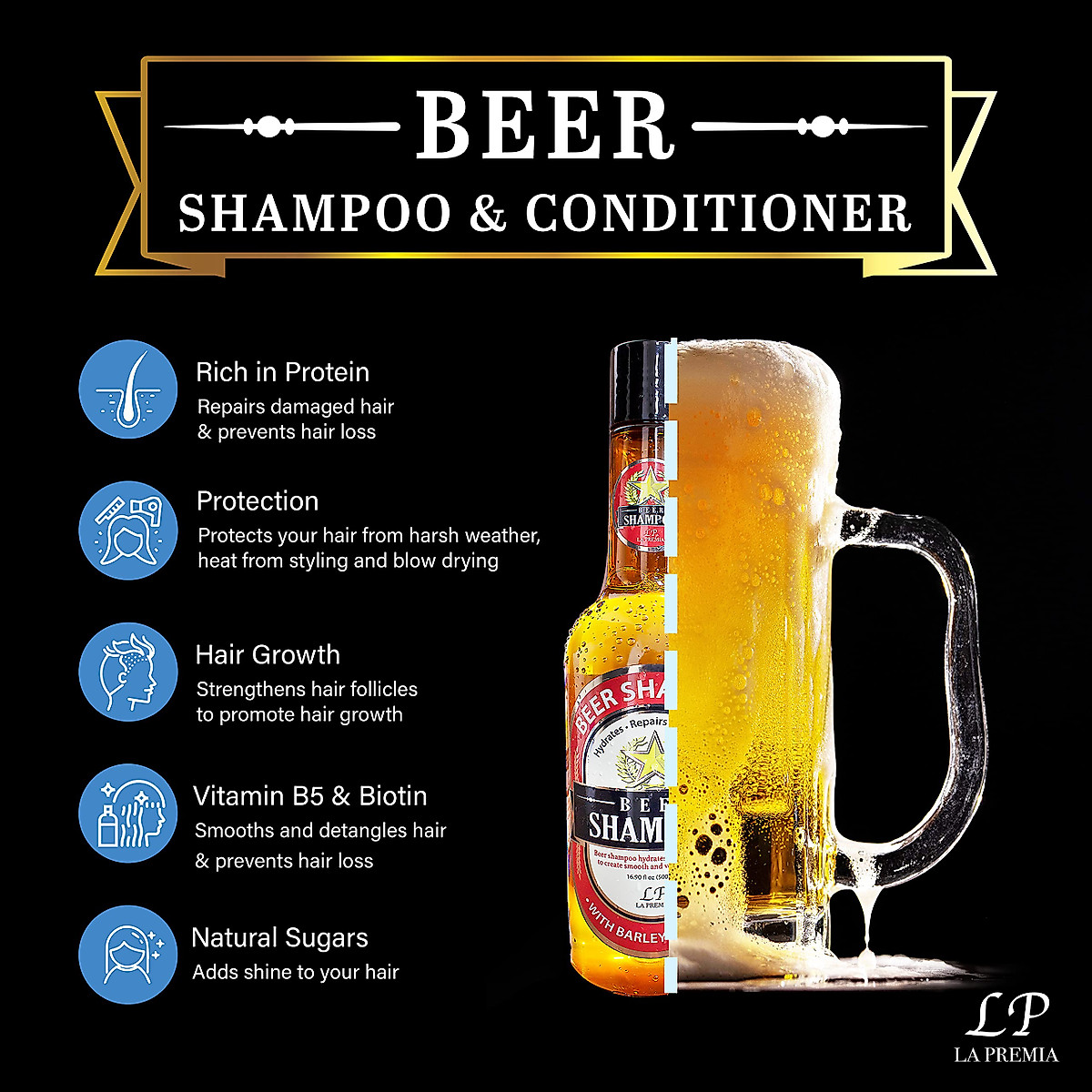 La Premia Beer Shampoo for Damage Free Hair - 16.90 fl oz - Original Yeast with Natural Ingredients, Biotin & Vitamin B5 for Men & Women - Color Safe, Cruelty Free