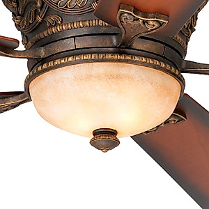 Casa Vieja 52" Ancestry Vintage Antique Indoor Ceiling Fan 5 Blade LED Light Remote Control Golden Bronze Motor Teak Walnut Finish Blades Bedroom Living Room Kitchen Dining Office Hugger Flush Mount