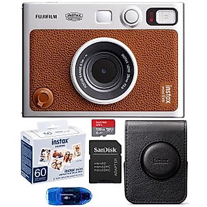 Fujifilm INSTAX Mini EVO Hybrid Instant Camera (Brown) Bundle, Includes: Fujifilm INSTAX Mini Film (60 Exposures), SanDisk 128GB MicroSDXC Memory Card and More (5 Items)