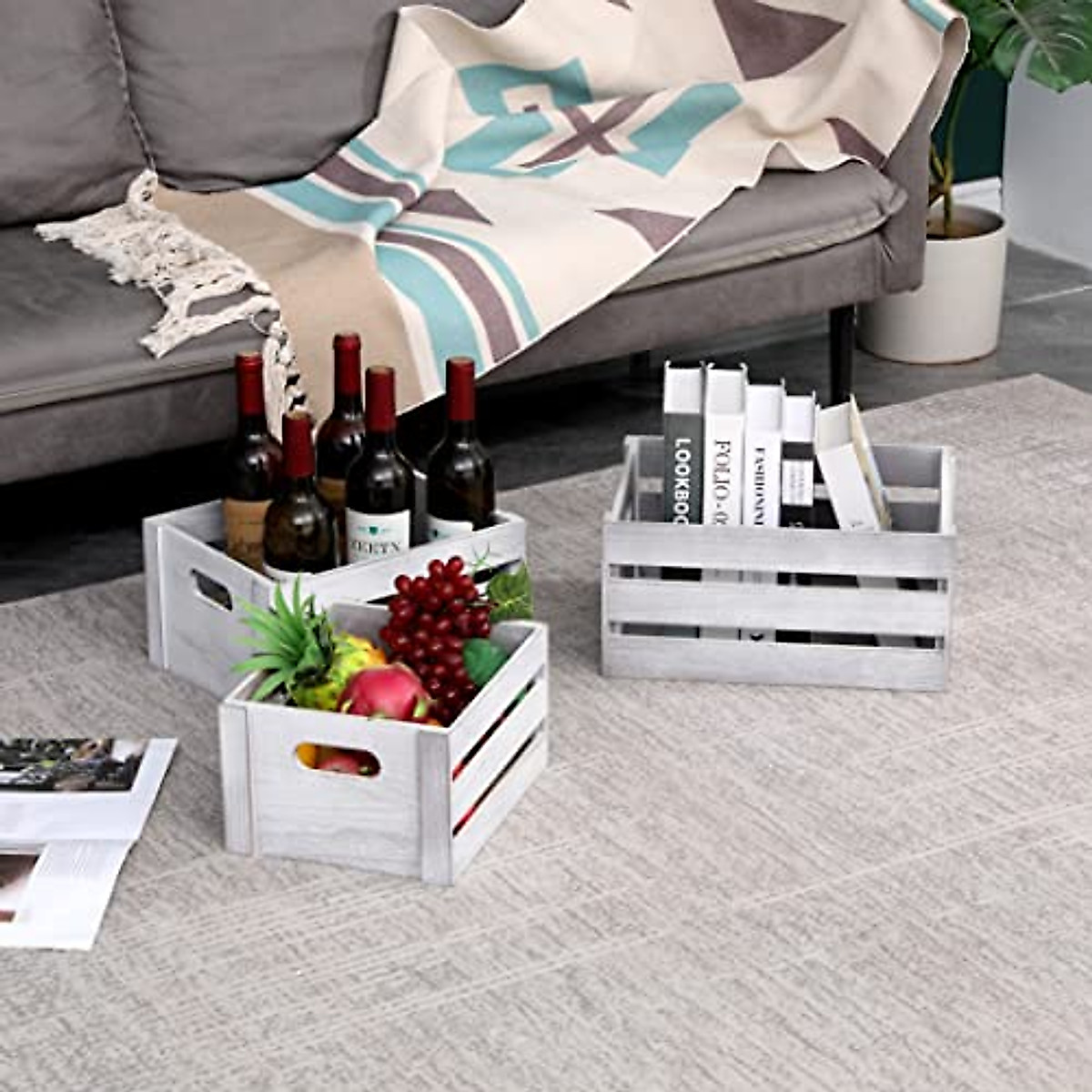 LKMANY Decorative Wood Crates Nesting Crates Storage Container,Nature Rustic White Set of 3