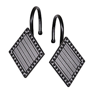 Popkozzi Grey Waffle Shower Curtain & Black Diamond Hooks - 72x72 Waterproof Washable Heavy Duty Fabric Shower Curtain - 12 PCS Rust Proof Metal Shower Curtain Rings (2 Item Bundle)