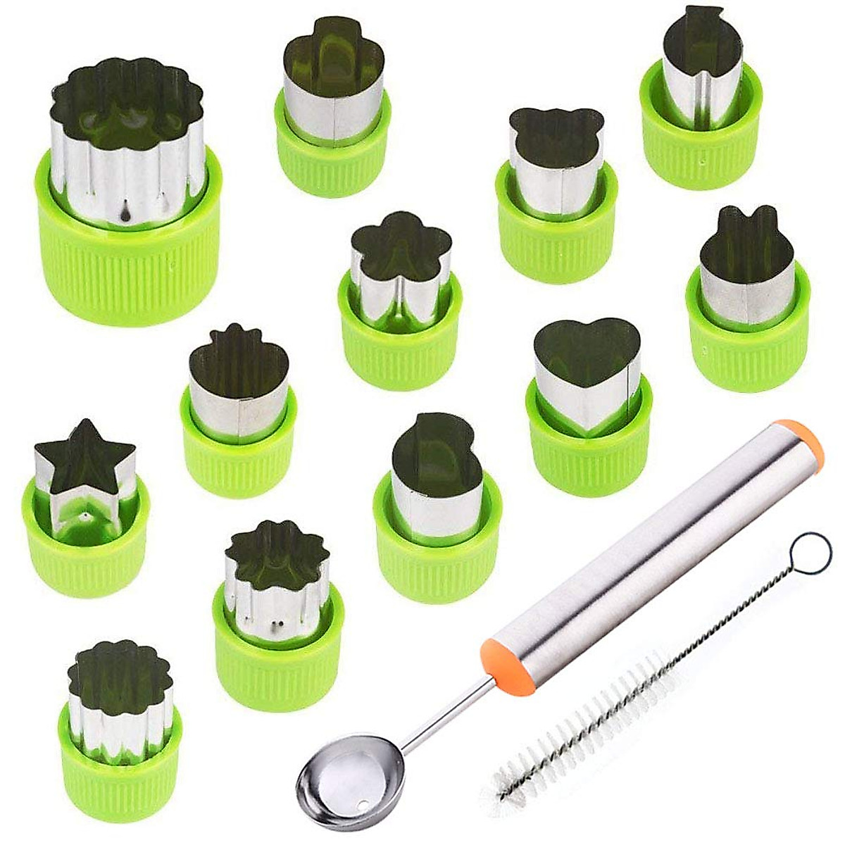 TIMGOU 12 Pcs Vegetable Fruit Cutter Shapes Set with Melon Baller Scoop and Cleaning Brush, Fruit and Mini Cookie Stamps Mold for Kids Crafts Baking Decorating Food-Green