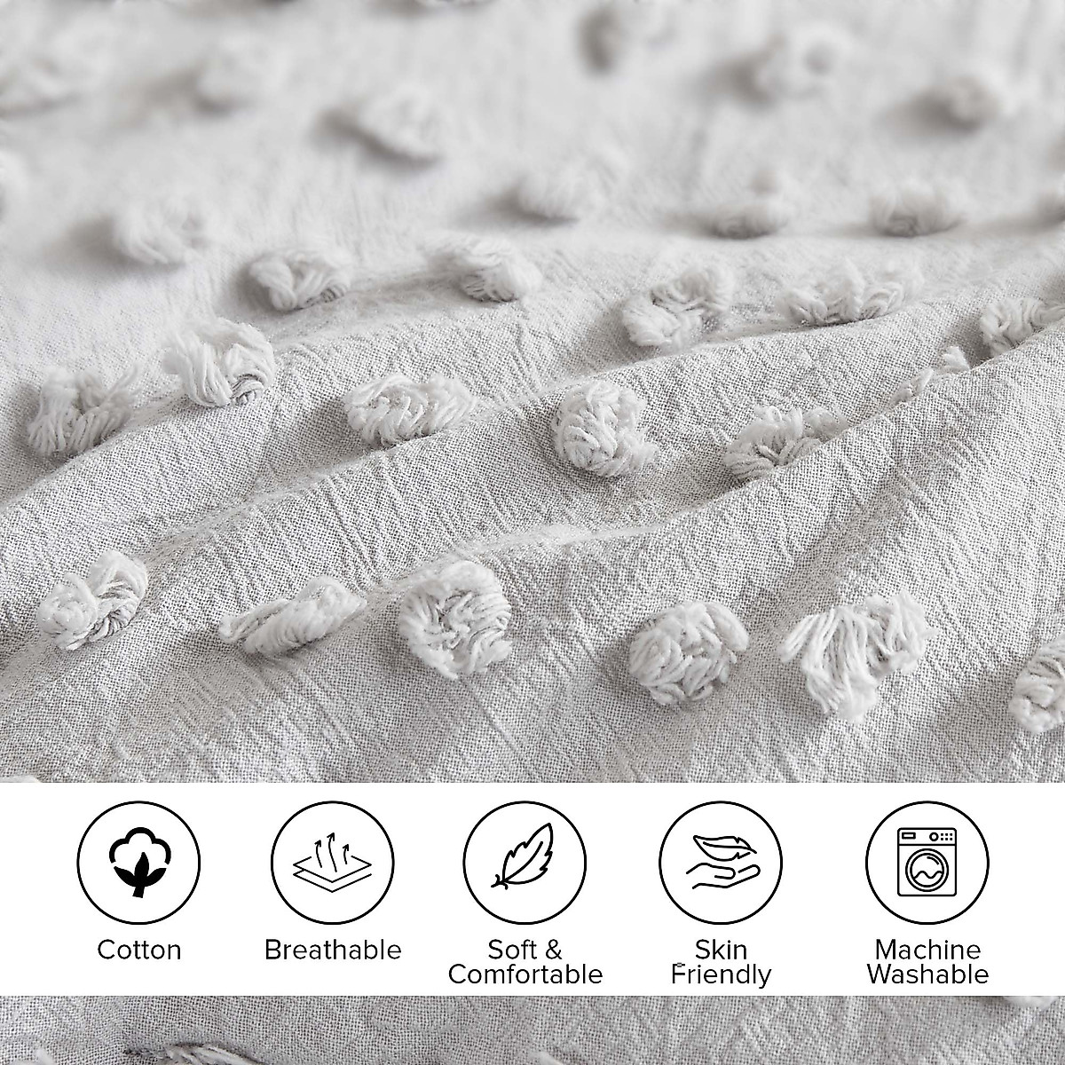 Comfort Spaces Cotton Comforter Set Jacquard Pom-Pom Tufts Design, Down Alternative, All Season Modern Bedding, Matching Shams, Full/Queen, Phillips, Grey, 3 Piece