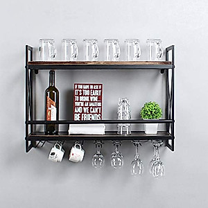 MBQQ Rustic Wall Mounted Wine Racks with 7 Stem Glass Holder,30in Industrial Metal Hanging Wine Rack,2-Tiers Wood Shelf Floating Shelves,Home Room Living Room Kitchen Decor Display Rack,Retro Black