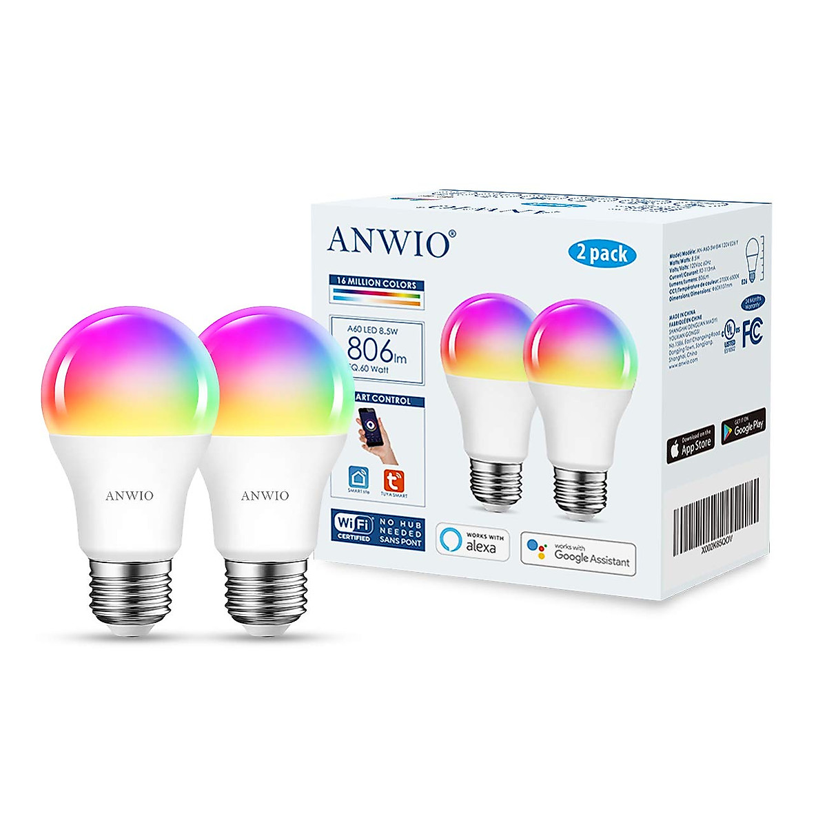 ANWIO 2-Pack Smart Light Bulbs 8.5W (60W Replacement) A19 E26 LED Bulb Work with Alexa, Google Assistant, Smart Life App, Tuya App, Color Changing, No Hub Required