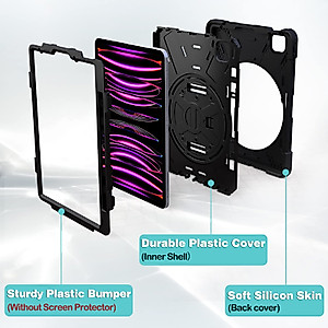 ProCase for iPad Pro 12.9 Inch Case 2022 2021 2020 2018, Rugged Heavy Duty Shockproof Cover with Hand Strap Shoulder Strap for iPad Pro 12.9" 6th 5th 4th 3rd Generation –Black