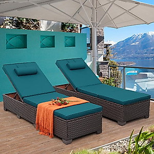 Rattan Star Outdoor Chaise Lounge Set of 2 Brown Wicker Patio Chaise Lounge Chairs Pool Lounge Chairs Multi-Angle Adjustable Backrest with Peacock Blue Cushions and Headrest