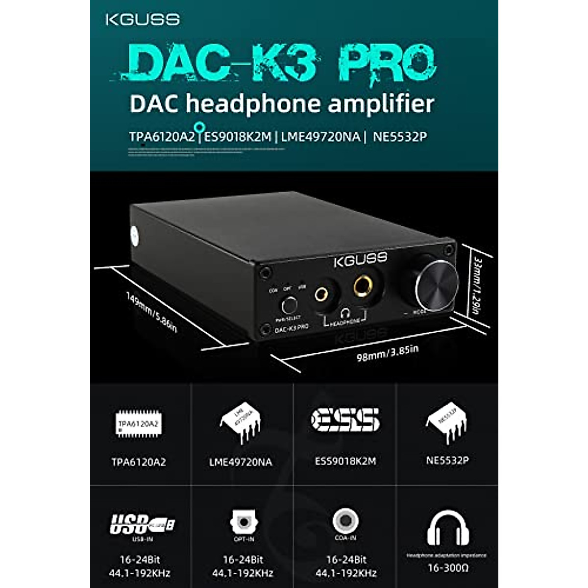 KGUSS DAC-K3 PRO USB DAC Headphone Amplifier Mini HiFi Optical/Coaxial/USB DAC Decoder Audio 24Bit 192KHz DA Converter ESS9018K2M Decoder Multifunctional Preamp Desktop Amplifier (Black)