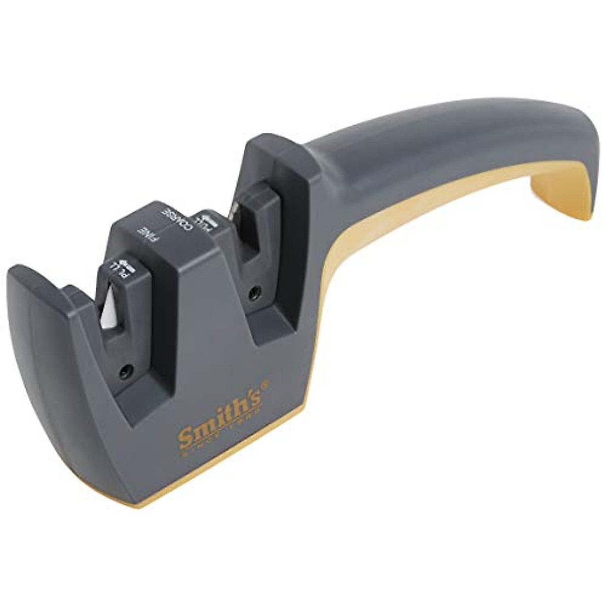 Smith's 50090 Pull-Thru Knife Sharpener - Grey - Coarse & Fine Sharpeners - Non-Slip Rubber Base – Straight & Serrated Blades – Pocket, Hunting, Sport Knives