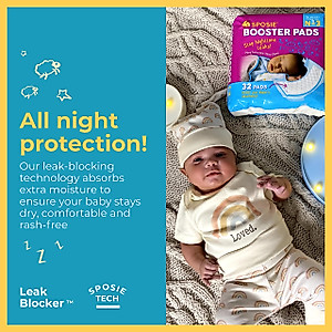 Sposie Booster Pads, Stop Overnight Diaper Leaks, Fits sizes Newborn 1 2 3, No Adhesive for Sensitive Skin, 32 ct