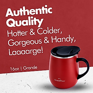 GRANDTIES Insulated Coffee Mug with Handle - Sliding Lid for Splash-Proof 16 oz Wine Glass Shape Thermos Tumbler with Double Walled Vacuum Stainless Steel to Keeps Beverages Hot or Cold - Cranberry