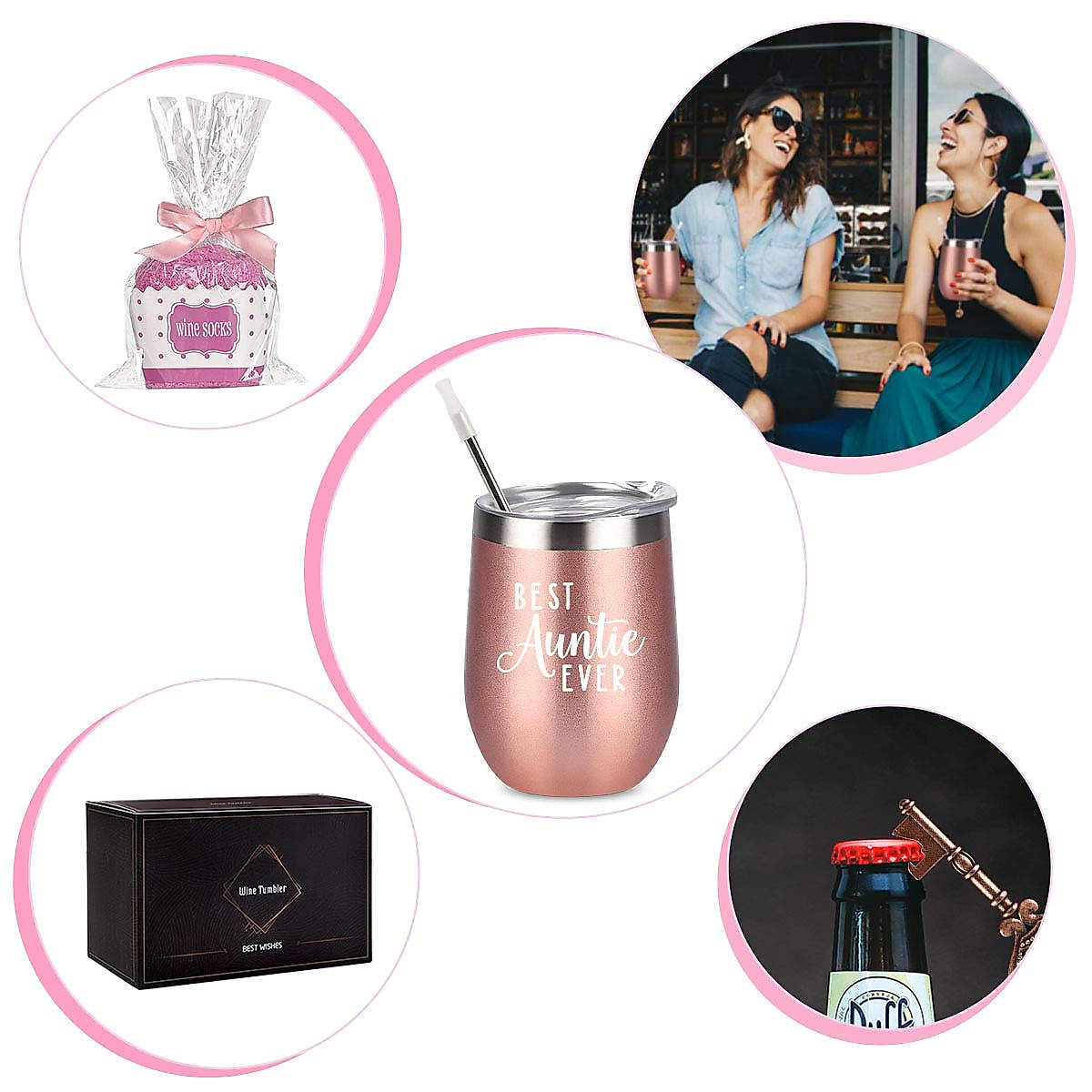Gingprous Best Auntie Ever Wine Tumbler Wine Socks Set, Funny Auntie Gift for Aunt for Mother’s Day Birthday Christmas, 12Oz Stainless Steel Wine Tumbler with Lid and Socks, Opener, Stopper, Rose Gold