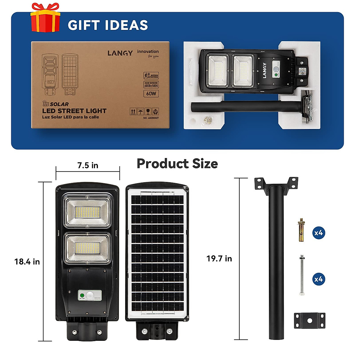 LANGY 2 Pack Solar Street Light 6000 Lumens, Light Control&PIR Motion Sensor, Dusk to Dawn Security Led Solar Street Light for Square,Yard, Garden,Basketball Court