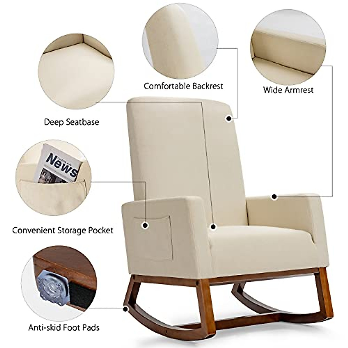 Giantx Upholstered Rocking Chair, Modern Fabric Armchair w/Wood Base, Side Pocket, Linen Padded Seat, High Back Accent Glider Rocker Chair, Mid-Century Leisure Chair for Nursery, Living Room (Beige)