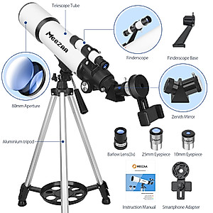 MEEZAA Telescope for Adults Astronomy, 80mm Aperture 600mm Refractor Telescope for Kids & Beginners, Fully Multi-Coated Optics High Transmission Telescopes with Tripod & Phone Adapter & Carrying Bag