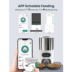 Automatic Cat Feeder, WHDPETS WiFi Cat Food Dispenser for 2 Cats & Dogs, 304 Stainless Steel Pet Feeder with Feeding Mat, 2-Way Splitter, APP Control, 10s Voice Recorder, Dual Power Supply