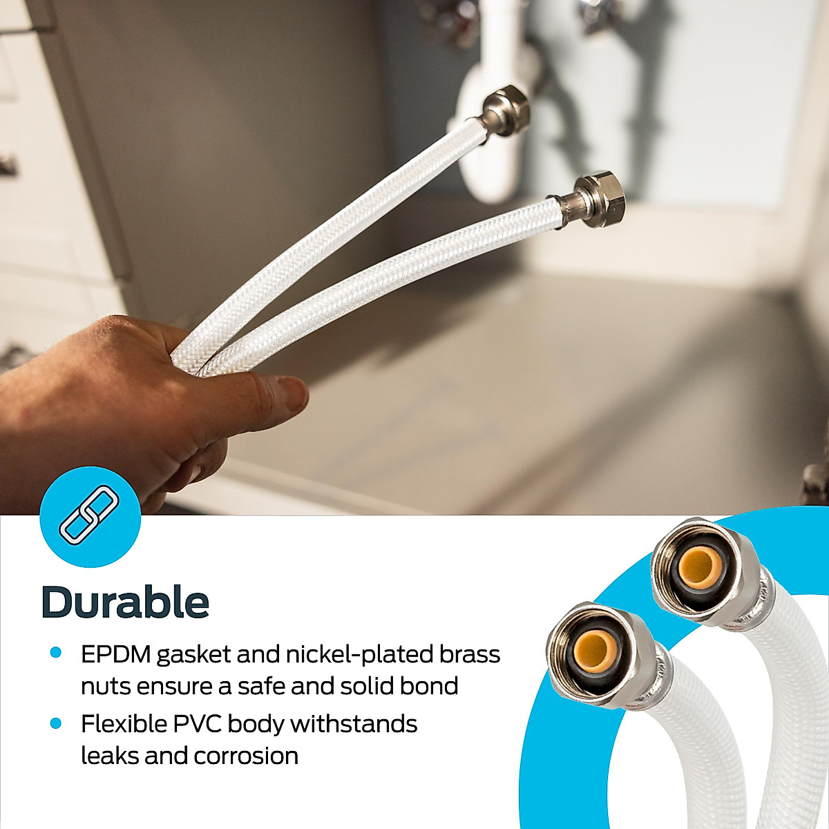 Eastman 30 Inch x 1/2 Inch FIP Flexible Faucet Connector, PVC Supply Hose Line with Nickel-Plated Brass Nuts, White, 48910