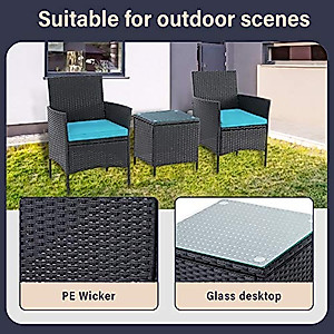 SOLAURA 3-Piece Outdoor Patio Bistro Set Patio Furniture Chairs Black Wicker Porch Furniture with Glass Coffee Table (Light Blue Cushion)