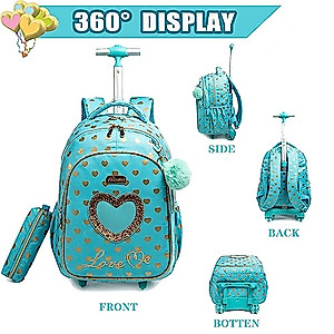 Oruiji Rolling Backpack for Girls Backpack with Wheels for Elementary Primary School Student Rolling Backpack with Lunch Bag Set