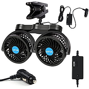 QIFUN 12V Adjustable Dual Head Clip Fan, 4 Inches Electric Car Clip Fans, 360° Rotatable Cooling Air Fan with Cigarette Lighter Plug for Vehicles, SUV, RV, Boat (Car Fan)