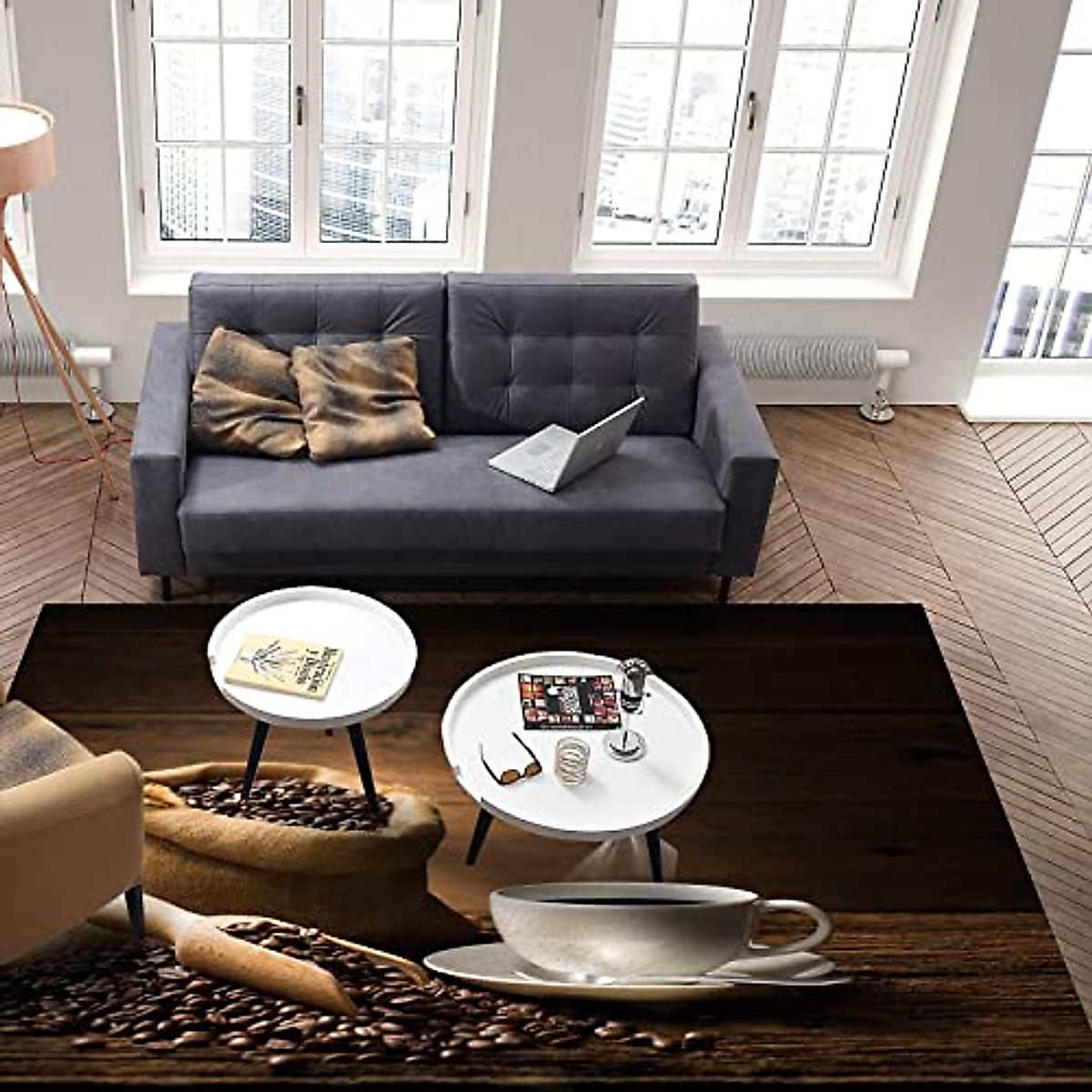 Many Coffee Beans Decorative Area Rug, Cup of Coffee Retro Home Rug, Bedroom Rug with Non-Slip Backing Washable for Bedroom Living Room Dining Room Office (5ft×6ft)
