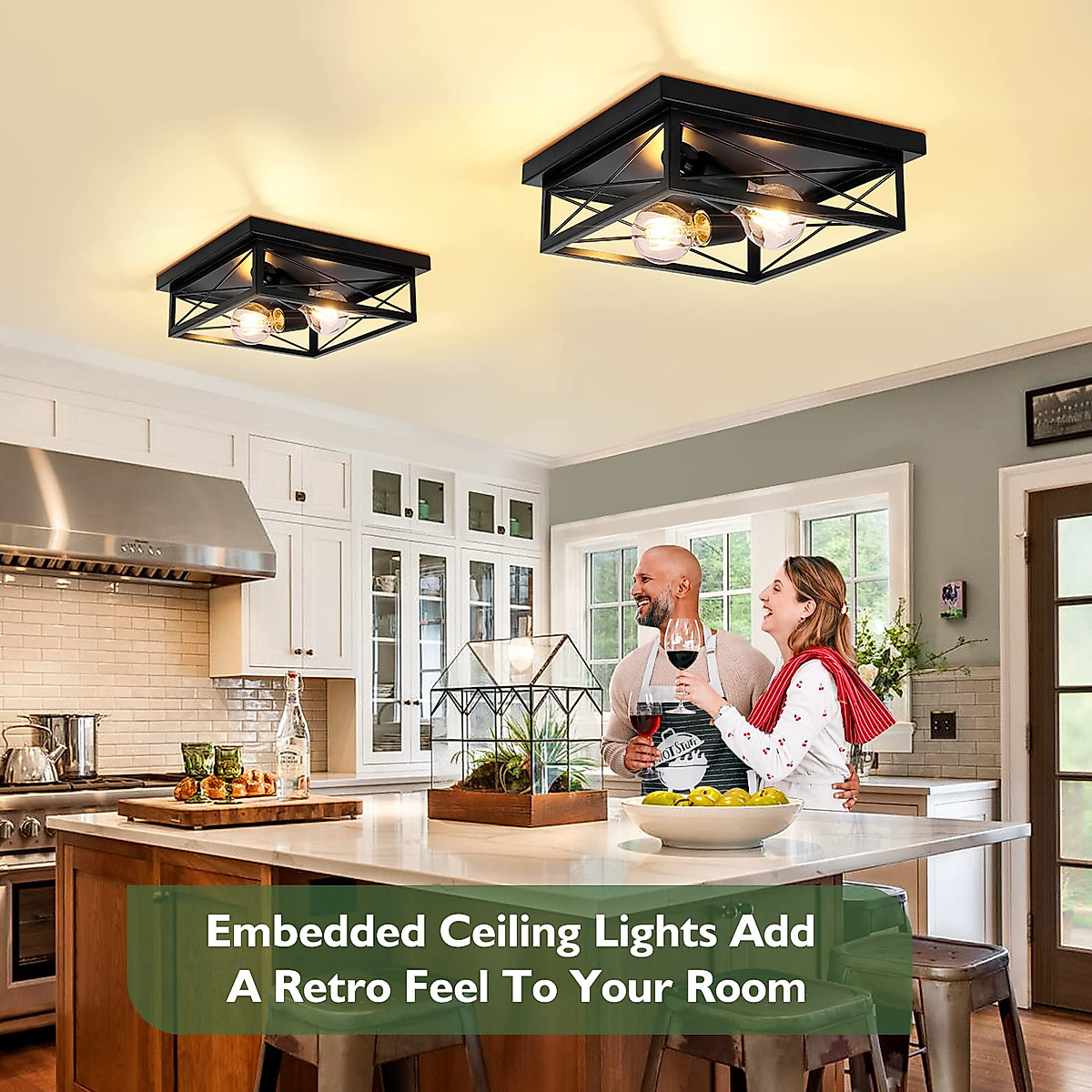 ONELEJA Black Rustic Flush Mount Ceiling Light Fixture, 2 lights Industrial Square Metal Cage Farmhouse Ceiling Light for Hallway Entryway Kitchen Bedroom Porch