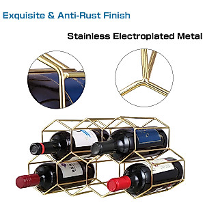 9 Bottles Metal Wine Rack, Countertop Free-Stand Wine Storage Holder, Space Saver Protector for Red & White Wines - Gold