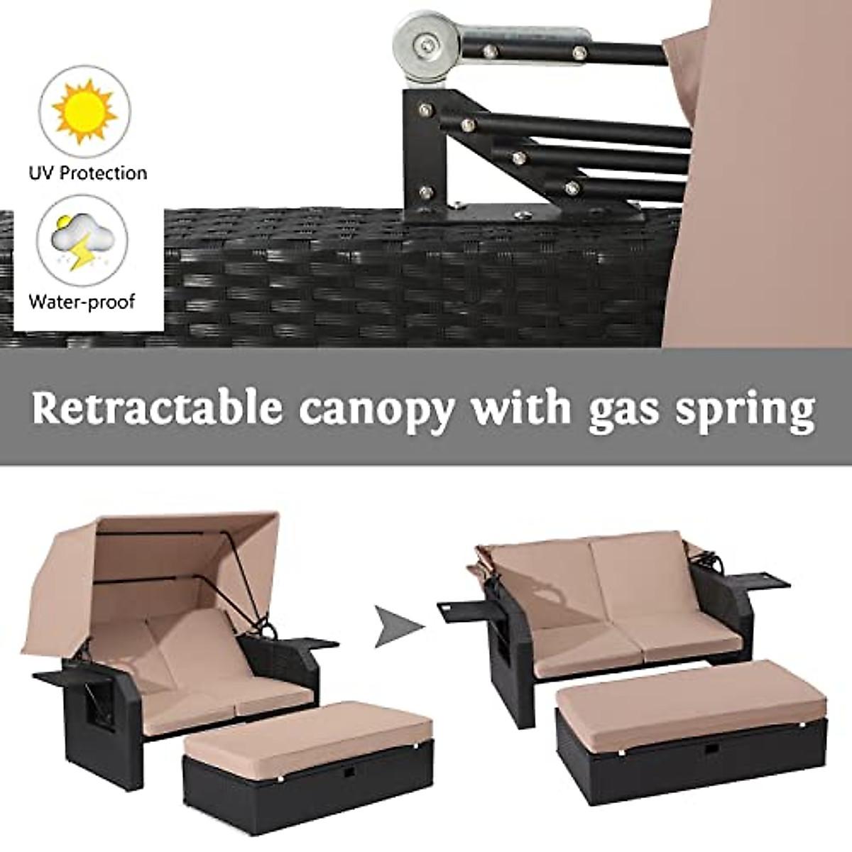 B BAIJIAWEI Outdoor Wicker Loveseat - Patio Furniture Set with Retractable Canopy, Adjustable Back, Side Table, Ottoman, Cushion - PE Rattan Sofa Set for Garden Poolside Backyard Lawn Porch