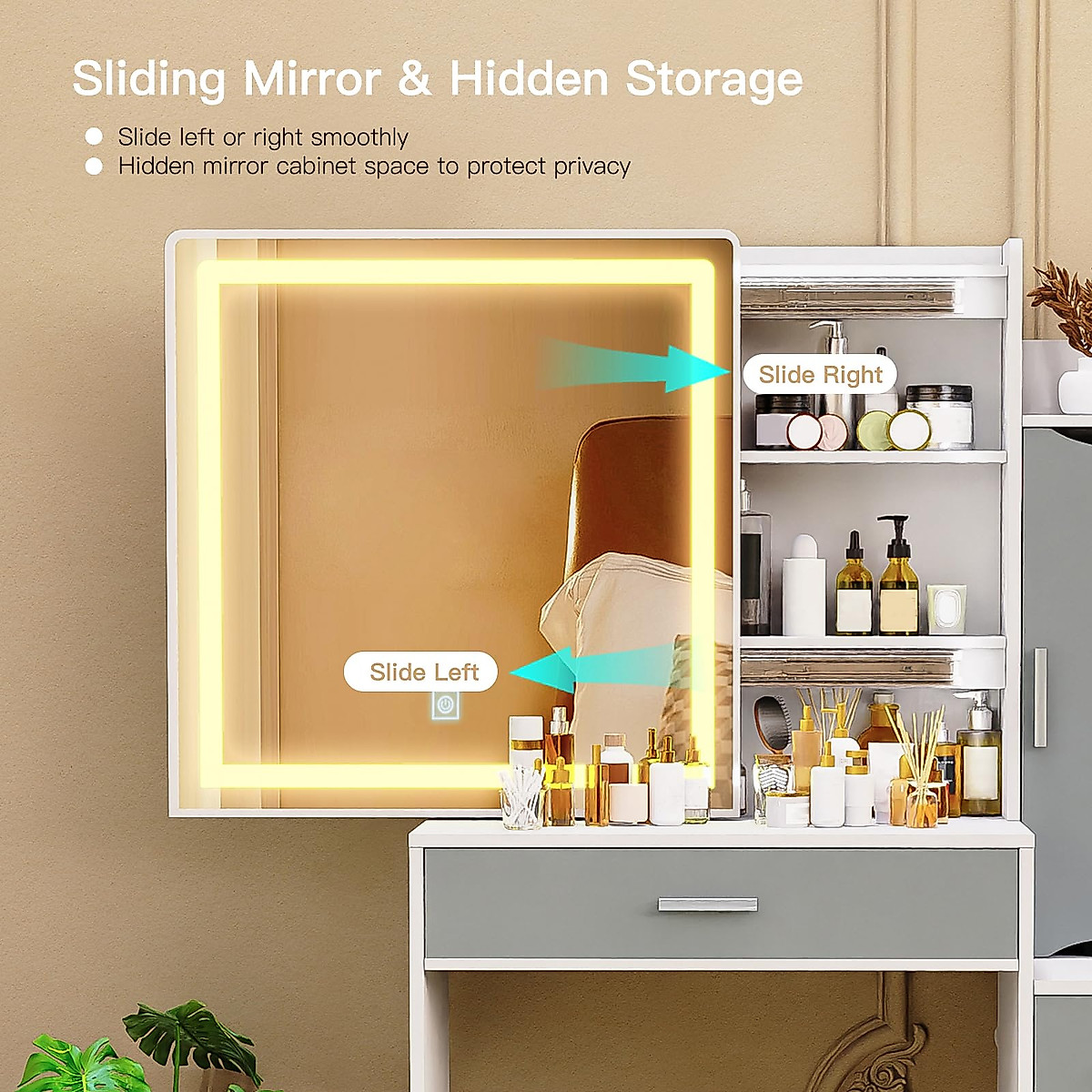 usikey Makeup Vanity Desk, Makeup Vanity Table with Sliding LED Lighted Mirror, Vanity Table with 4 Drawers & Cabinet, 3 Lighting Modes & Brightness Adjustable, Bedroom Dressing Table, White and Grey