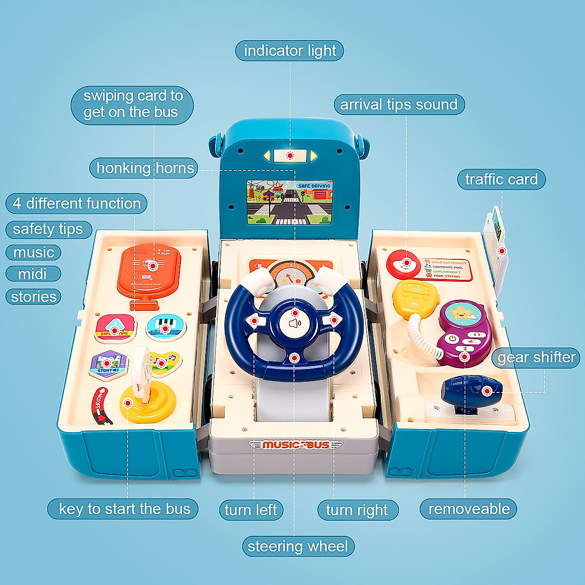 CUTE STONE Bus Car Toy, Kids Play Vehicle with Sound and Light, Simulation Steering Wheel, Musical School Bus Toy for Toddler, Educational Bus Driving Toy Gift for Toddlers Boys & Girls