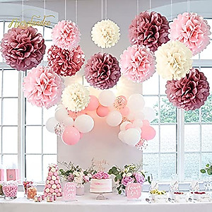 NICROLANDEE 12PCS Dusty Rose Blush Pink Tissue Pom Poms Flowers for Wedding, Bridal Shower, Baby Shower, Sweet Birthday, Engagement, Bachelorettes, Valentine Decorations, Pink Party Decorations