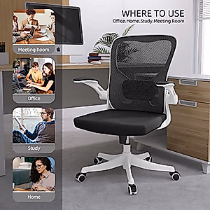 Monhey Office Chair - Ergonomic Office Chair with Lumbar Support & Flip Up Arms Home Office Desk Chairs Rockable High Back Swivel Computer Chair White Frame & Black Mesh Study Chair