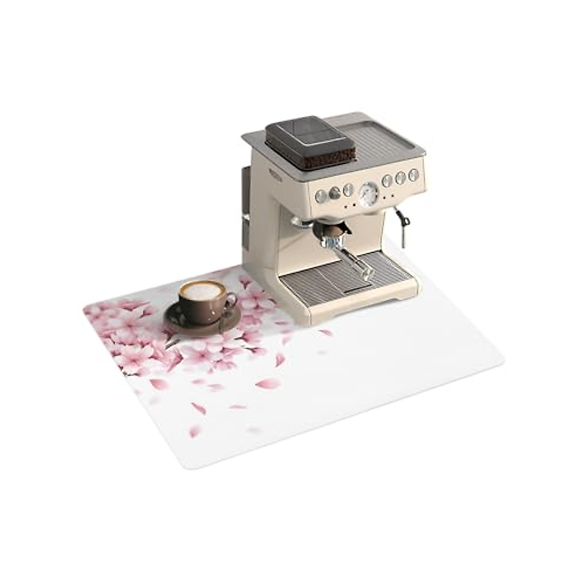 Spring Pink Sakura Blossom Flowers Coffee Mat Coffee Maker Mat,Super Absorbent Coffee Bar Accessories,Floral Garden Art on White Non-slip Coffee Station Mat Dish Drying Pad,16x18in