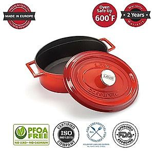 LAVA 7.5 Quarts Cast Iron Dutch Oven: Multipurpose Stylish Oval Shape Dutch Oven Pot with Three Layers of Enamel Coated with Trendy Lid (Red)