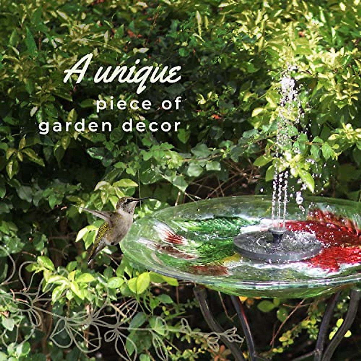 Grateful Gnome Hand-Painted Glass Bowl Bird Bath w/Solar Fountain - Red Ruby Flower Design
