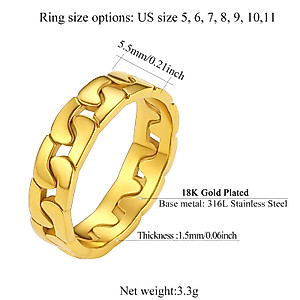 Personalized 18K Gold Plated Chain Rings for Women Stainless Steel Cuban Link Band Rings Size 5 Statement Thumb Ring Punk Couple Jewelry Gift