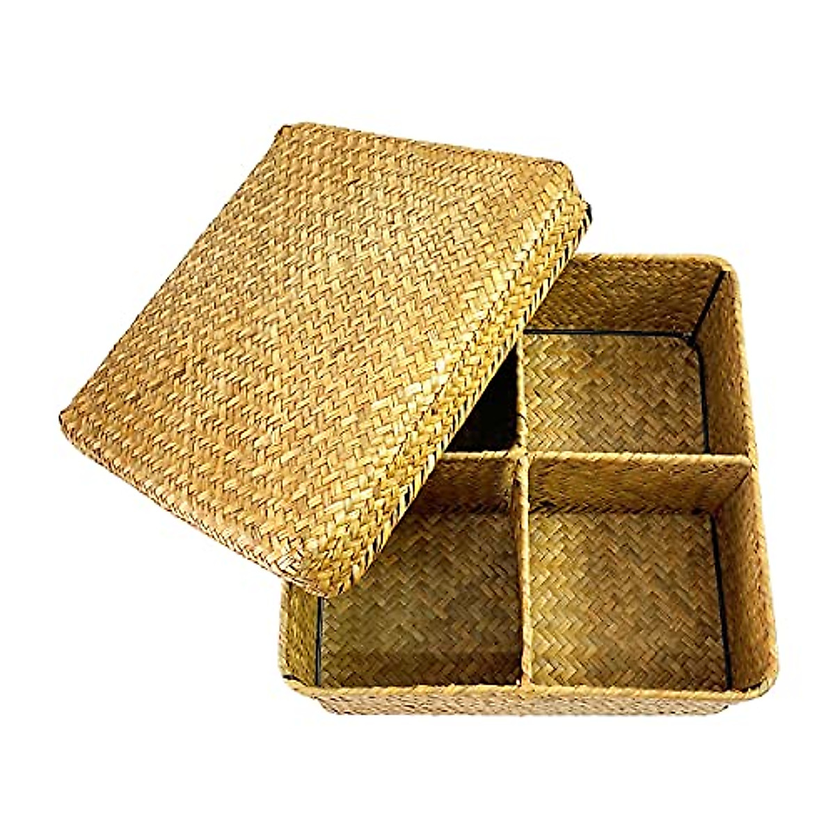 Rectangular Woven Seagrass Storage Basket and Home Organizer Bins,Natural Water Hyacinth Basket (brown, square with lid)