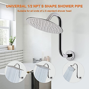 HarJue S Shaped Shower Arm, High Rise Shower Head Extension Pipe Standard 1/2" Connection with Flange, Awesome Shower Experience-Stainless Steel Bathroom Accessory(10 Inch S Shape, Chrome Finish)